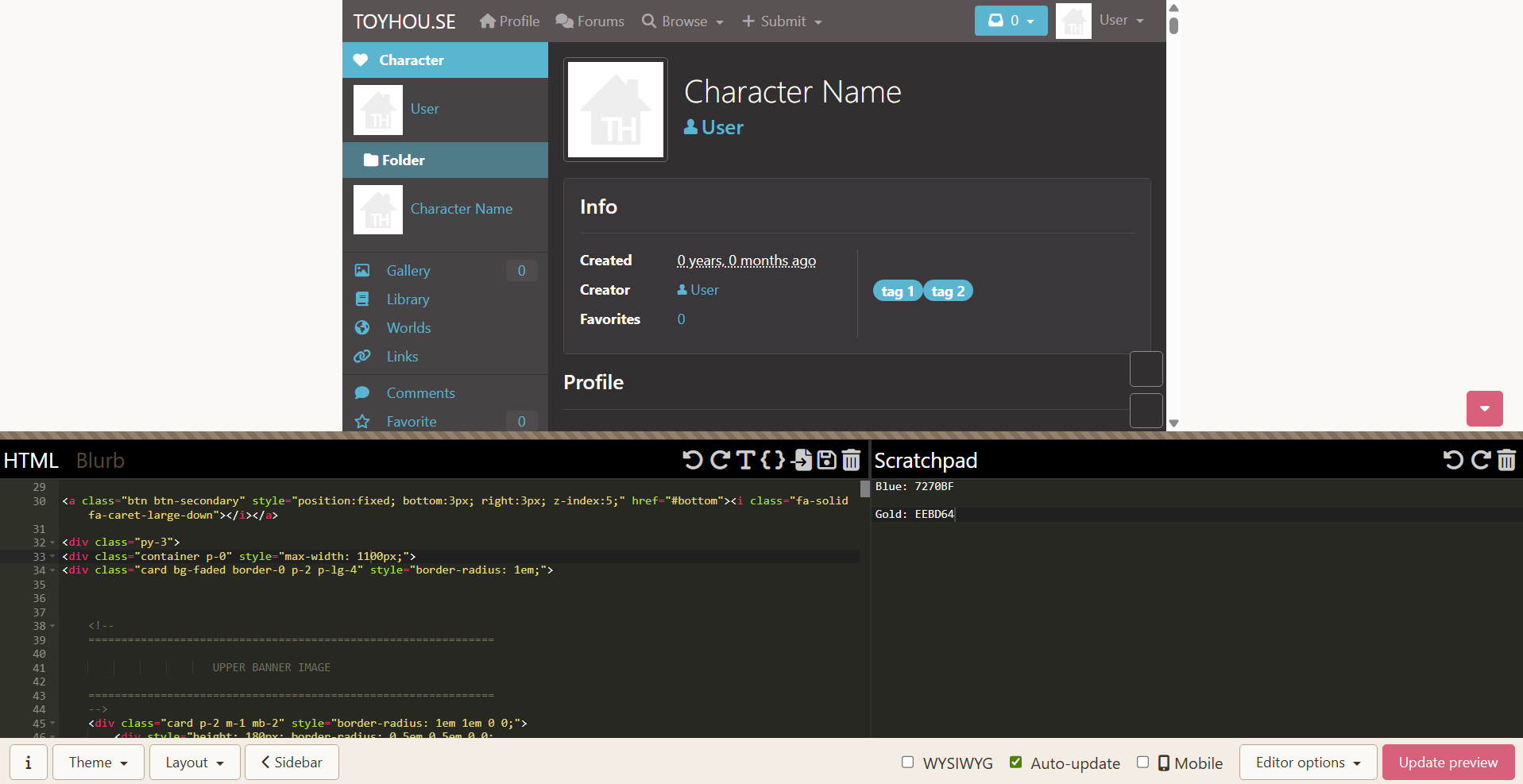TH live code editor [403 errors fixed?!] on Toyhouse